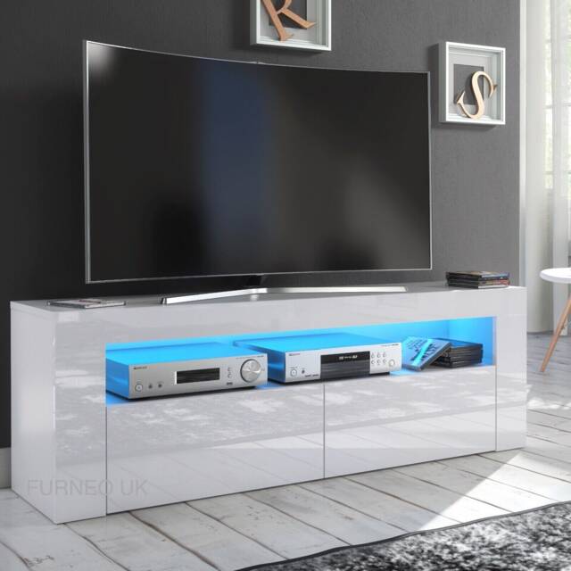 Furneo White Tv Stand 125cm Cabinet Unit High Gloss & Matt Clifton 03 ...