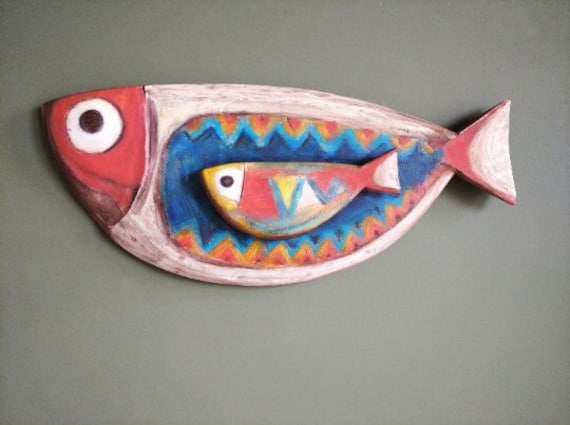 Wooden Fish Sculpture, Wooden Hanging Fish, Carving Wood Decor , Hand ...