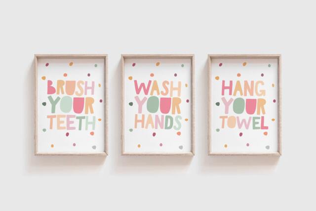 Set Of 3 Kids Bathroom Prints, Wash Your Hands Print, Decor, Girls ...