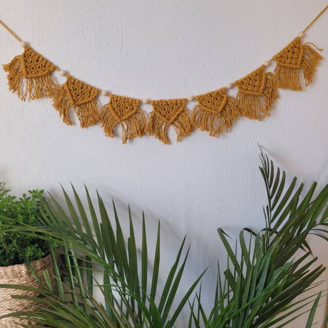 Mustard Macrame Garland, Macrame Banner, Bunting, Boho Wall Hanging ...