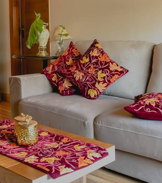 Maroon Velvet Table Runner & 4 Cushion Covers Set With Maple Leaf ...