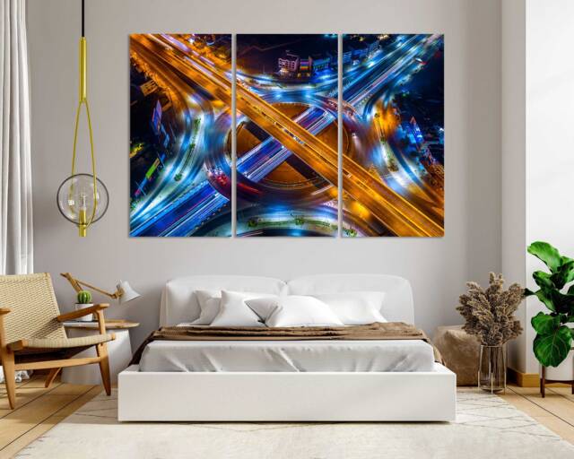 Aerial View Of Traffic in Roundabout & Highway At Night Print Canvas ...