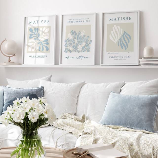 Blue Matisse Prints, Set Of 3, Matisse, & Cream, Duck Egg Blue, Wall ...