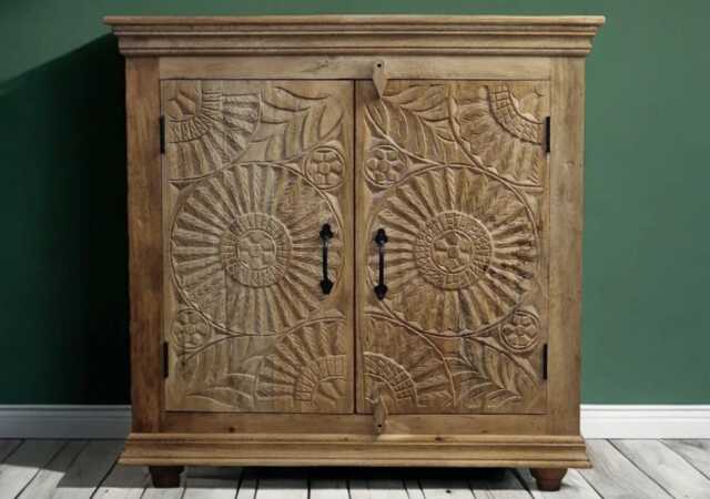 2 Door Hand Carved Wood Storage Cupboard -Mango Rustic Shelved - Hall ...