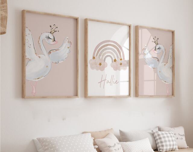 Girls Nursery Prints, Girls Bedroom Decor, Swan Prints, Pink, Floral ...
