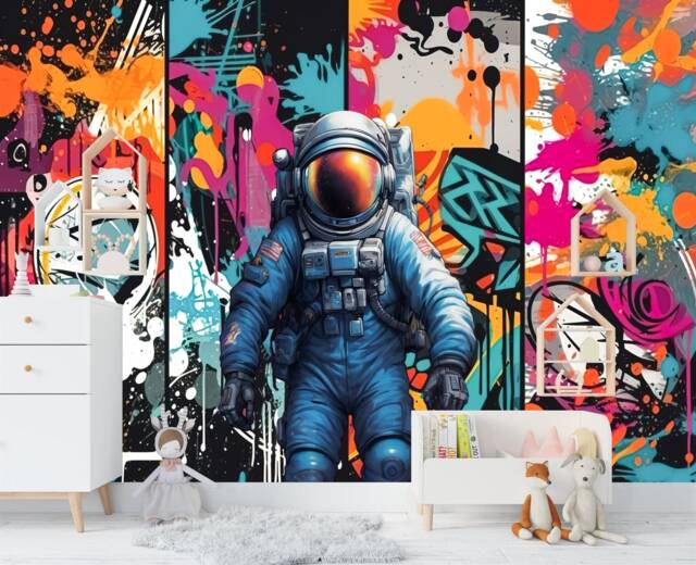 Spaceman Graffiti Splatter Paint Gift For Kids, Art Print Photomural ...