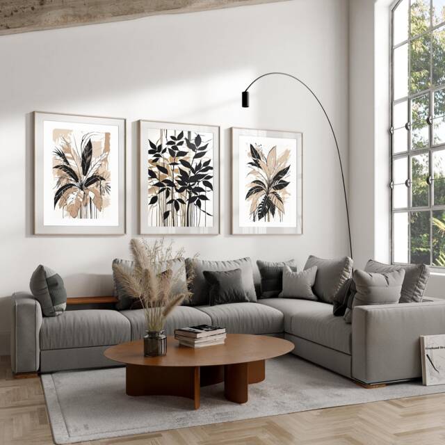 Set Of 3, Geometric Abstract Art, Black Neutral Beige, Living Room Wall ...