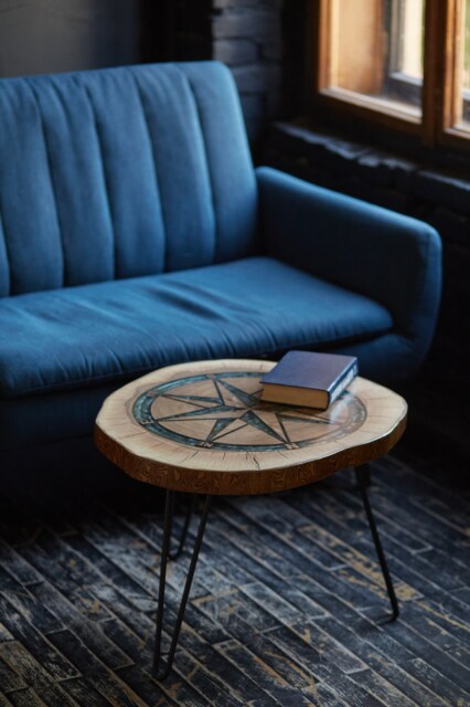 Round Coffee Table, Epoxy Wind Rose Wood Walnut Slab, Side Tables ...