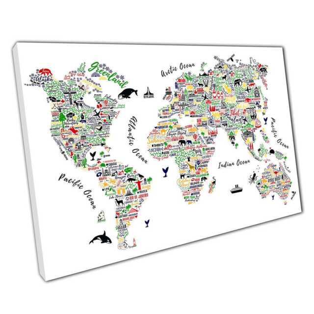 Colorful World Map Canvas Art For Kids Room, Educational Wall Print ...