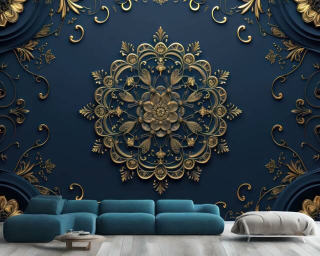 3D Ceiling Adorned Blue & Golden Mandala Gift, Art Print Photomural ...
