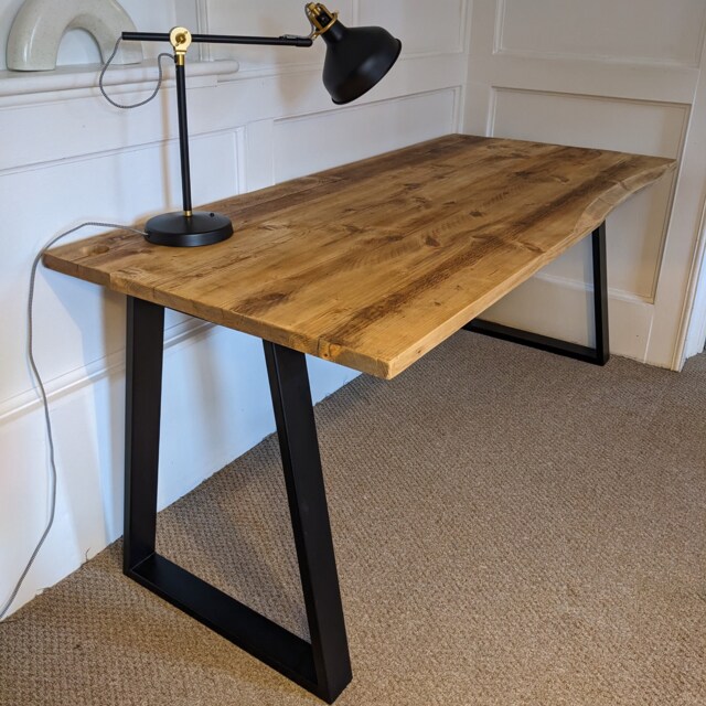 Reclaimed Bevelled Edged Desk With Trapezium Legs & Cabling Holes by ...