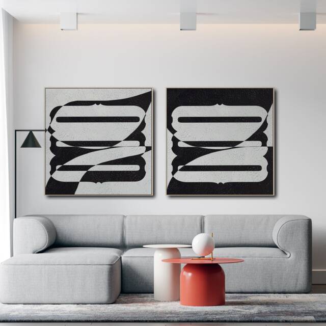 Duo Abstract Canvas Art, Original Oil Painting, Black & White Wall ...