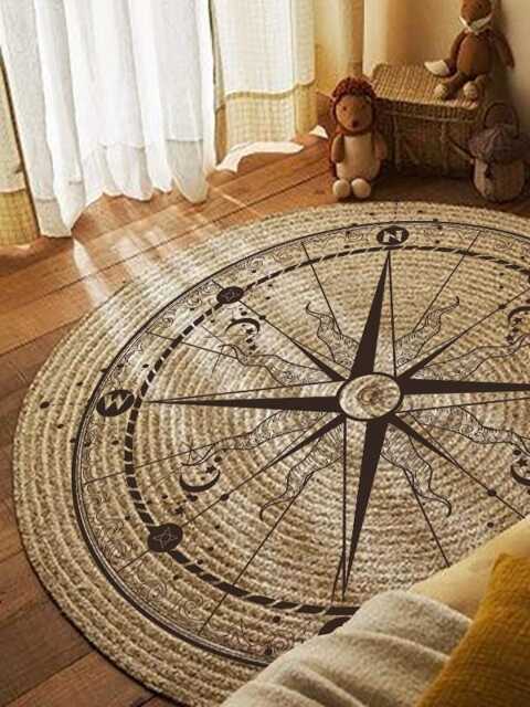 Jute Weave Woven Round Rug, Compass Patterned Stain Resistant, Easy ...