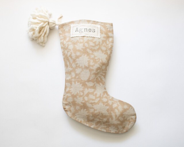 Tan Botanical Blockprint Christmas Stocking Cottage Core, Artisan Linen ...