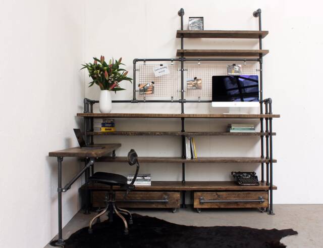Zack Reclaimed Scaffolding Board Double Office Desk & Shelf Unit ...
