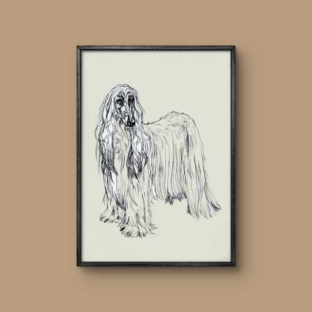 Afghan Hound - Freehand Black Line Dog Sketch Drawing Size A3 Art Print ...