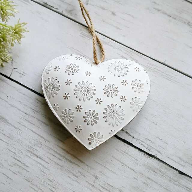 Metal White Hanging Heart Decoration With Flower Detail ...