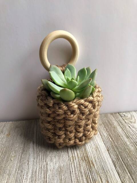 Hand Knit Mini Plant Basket Succulent Planter With Wooden Ring by Etsy ...
