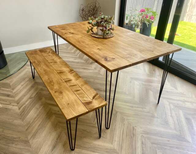 Reclaimed Wood Dining Table With Steel Hairpin Legs. - Matching Benches ...