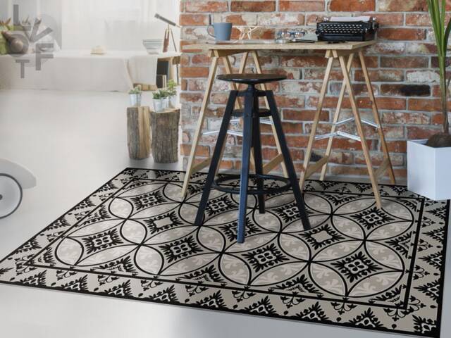 Mono Floral Floor Linoleum Rug, Black Vinyl Mat, Beige Tile Livingroom ...