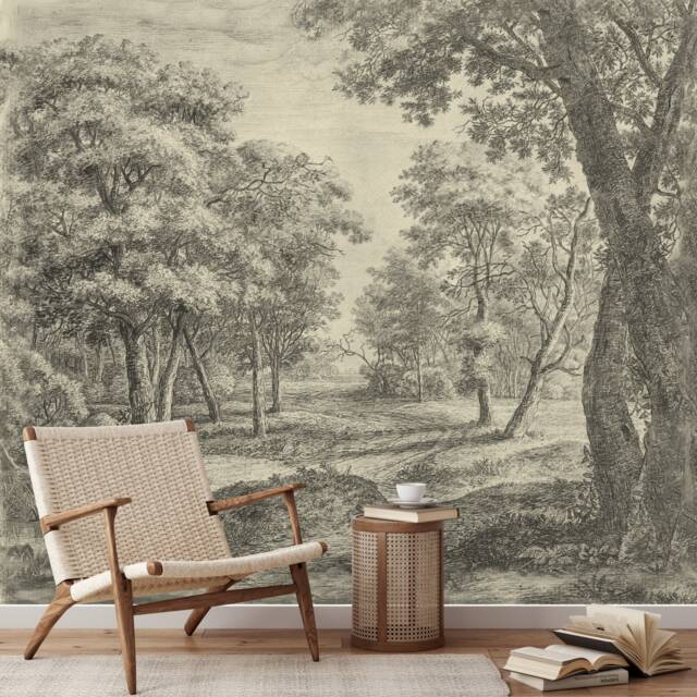 Vintage Wallpaper, Inspiring Wall Art, Trees Drawing, Muted Color, Gray ...
