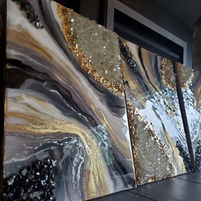 Resin Artwork 3 Piece/Geode Epoxy Art Resin Quartz Silver/ Black Gold ...