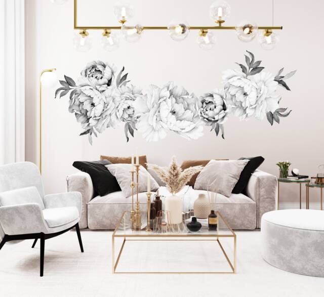 Black & White Peony Wall Stickers - Floral Flower Decal Paper Nursery ...