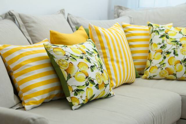 Lemons Digital Print Fabric Pillow, Throw Cushion, Yellow Pattern, Hand ...