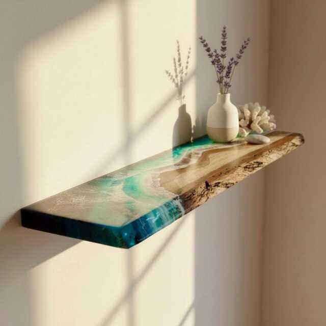 Handmade Oak Floating Shelf With Turquoise Resin Ocean Waves - 60 cm by ...