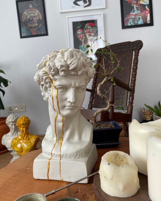 Large David Sculpture Statue, 13 Inches Bust Bust, Cream Gold Strip ...