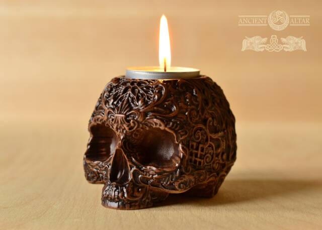 Skull Candle Holder - Hand Carved Oak Pagan Candlestick Norse Ritual ...