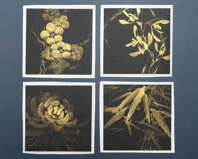 The Four Noble Plants Plum, Wild Orchid, Bamboo, Chrysanthemum Set Of 4 ...