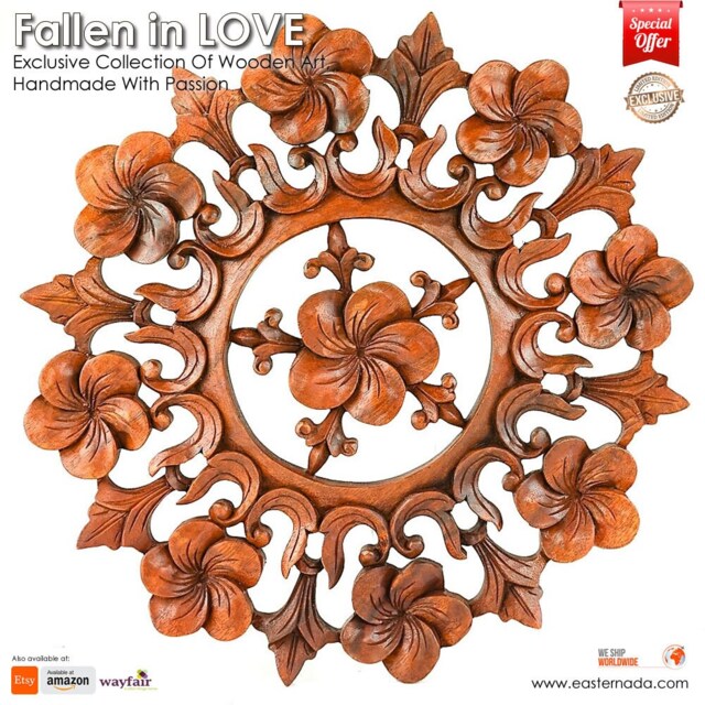 Flower Wood Carved Panel Wall Art Sculpture Round Headboard Decor by ...