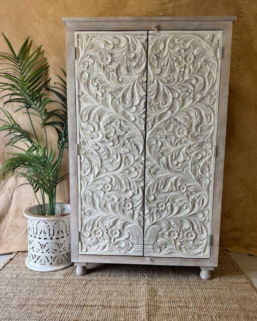 Hand-Carved Mango Wood Wardrobe - Whitewashed Finish by Etsy | ufurnish.com
