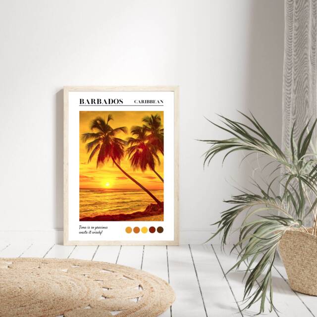 Barbados Print, Evening Travel Poster, Coastal Prints, Sunset Palm Tree ...
