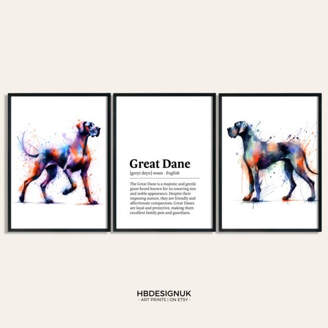 Great Dane Dog Prints - Set Of 3 Posters - Watercolor Definition Wall ...