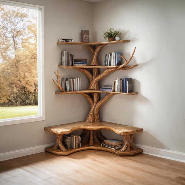 Tree Bookshelf With Corner Bench Lshaped Driftwood Branch Tree Floating Solid Wood Bookcase Wall ...