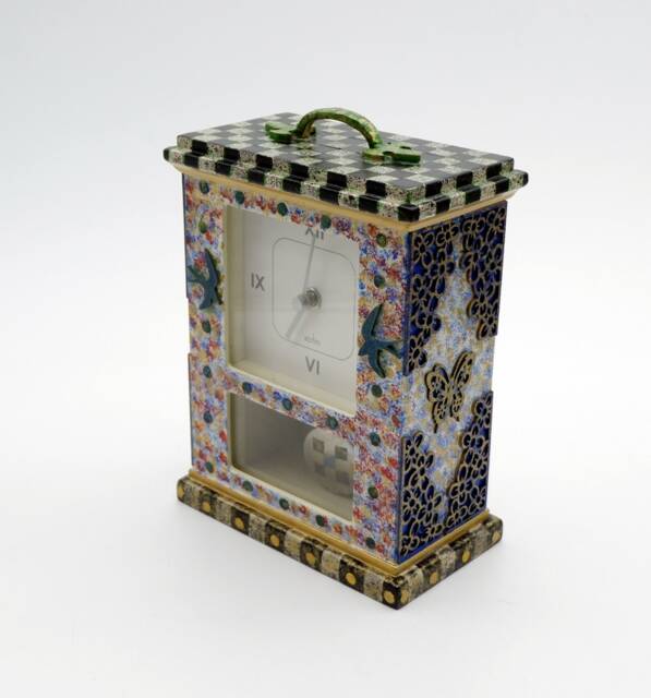 Mantel Clock Hand Painted Wood Case in Artistic Design With Pendulum - Electric Movement Glass ...