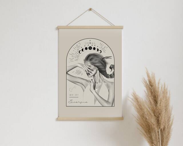 Zodiac Sign Scorpio Poster, Illustration // Gift, Moon Phases ...