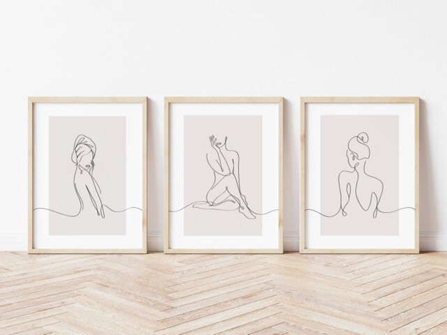 Bathroom Prints, Woman Line Art, Set Of 3, Wall Neutral Female Body ...