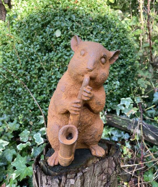 Metal Rusty Cast Iron Saxophone Playing Musical Hamster Garden Ornament ...