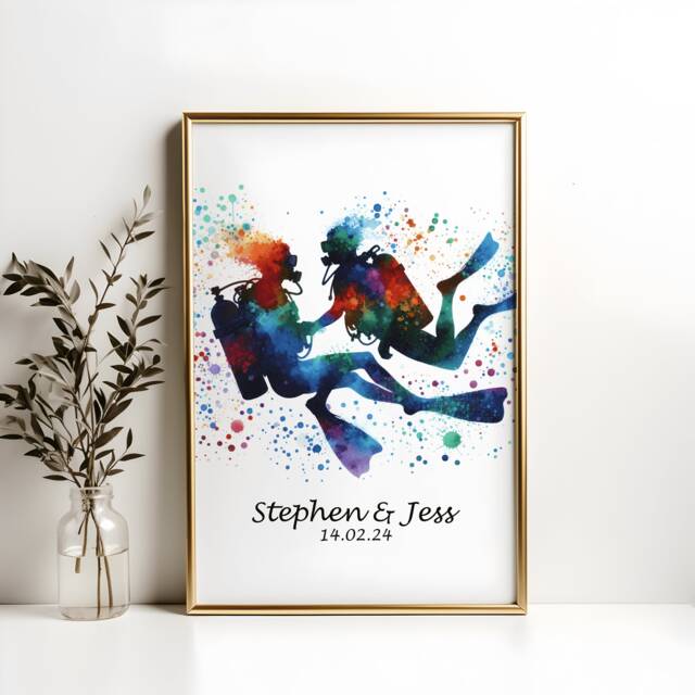Scuba Diving Couple Print - Personalised Watercolour Poster Prints For ...