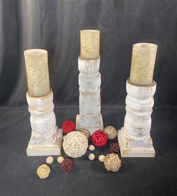Set 3 White Wooden Pillar Candlestick Holders, Mantel Decor, Table ...