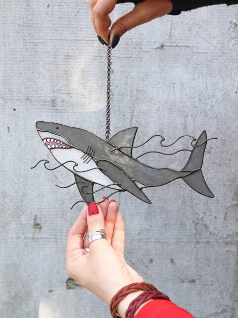 Shark Suncatcher Stained Glass Decor Gray Water Sea Ocean Home House ...