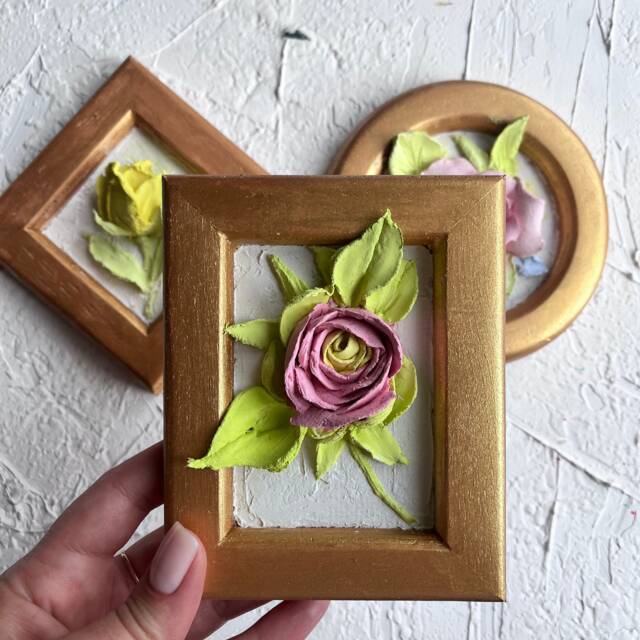 Ranunculus 3D Plaster Painting Mini Art Vintage in Gold Frame Miniature ...