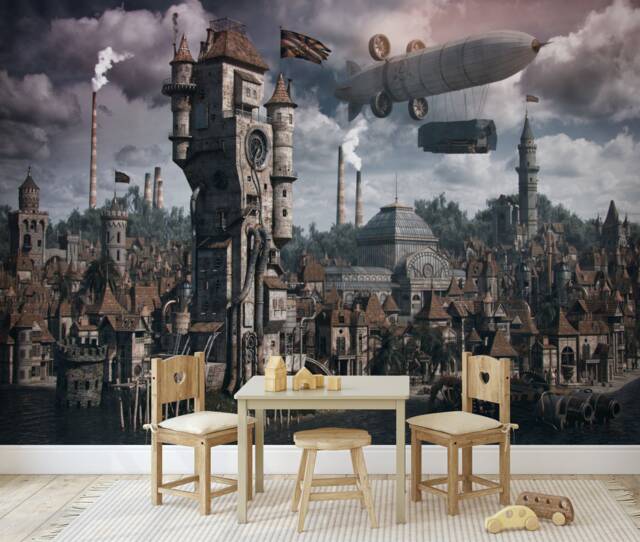 Fantasy, Steampunk Scenery Airships Children Room Decor Gothic ...