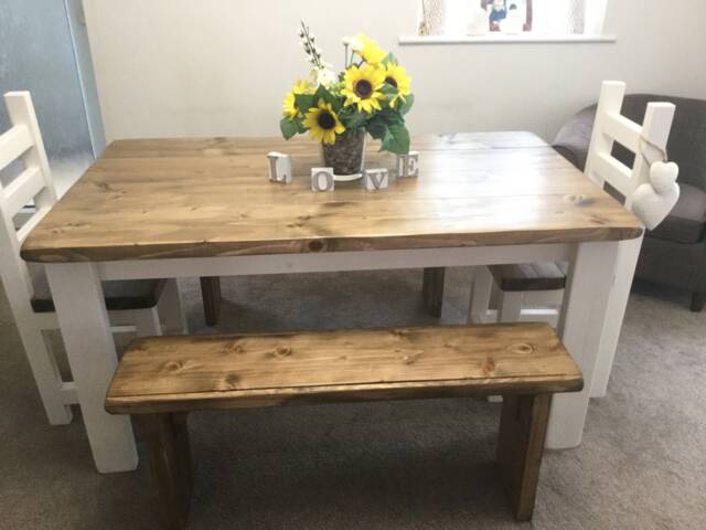 Rustic, Farmhouse Dining Table, 2 Chunky Chairs & Benches All Hand ...