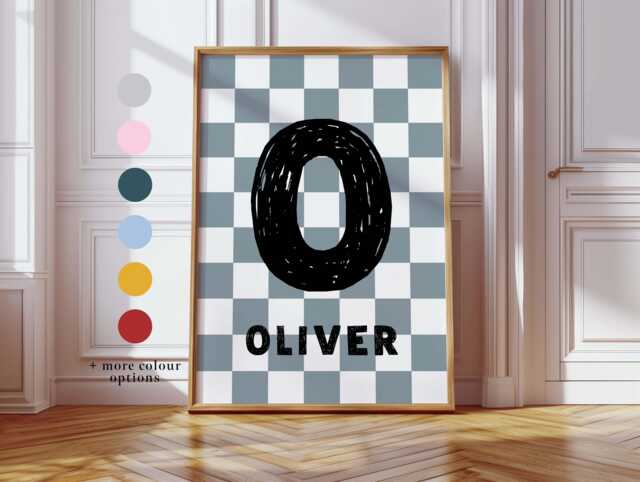Personalised Initial & Name Print, Checkerboard Modern Wall Art, Boys ...