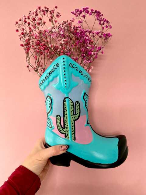 Cowgirl Boot Vase Ceramic Blue & Pink Home Decor Cactus by Etsy ...