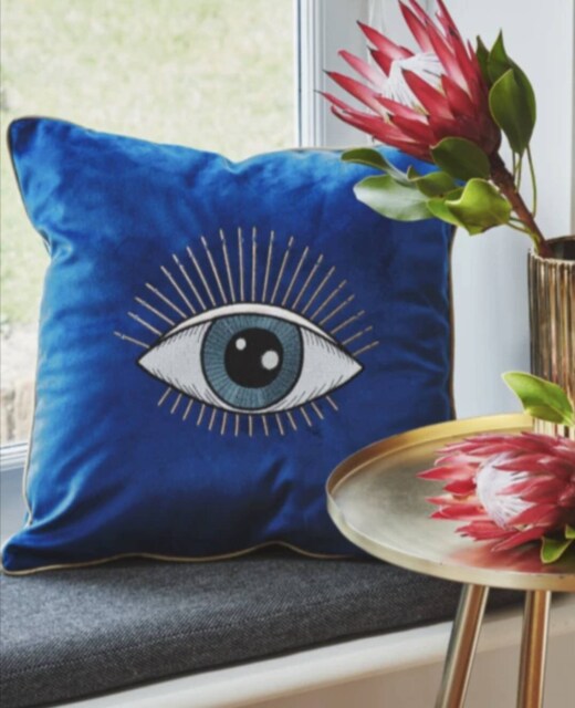 Luxury Blue Velvet Cushion Cover With Eyes Embroidery 45cm Square by ...